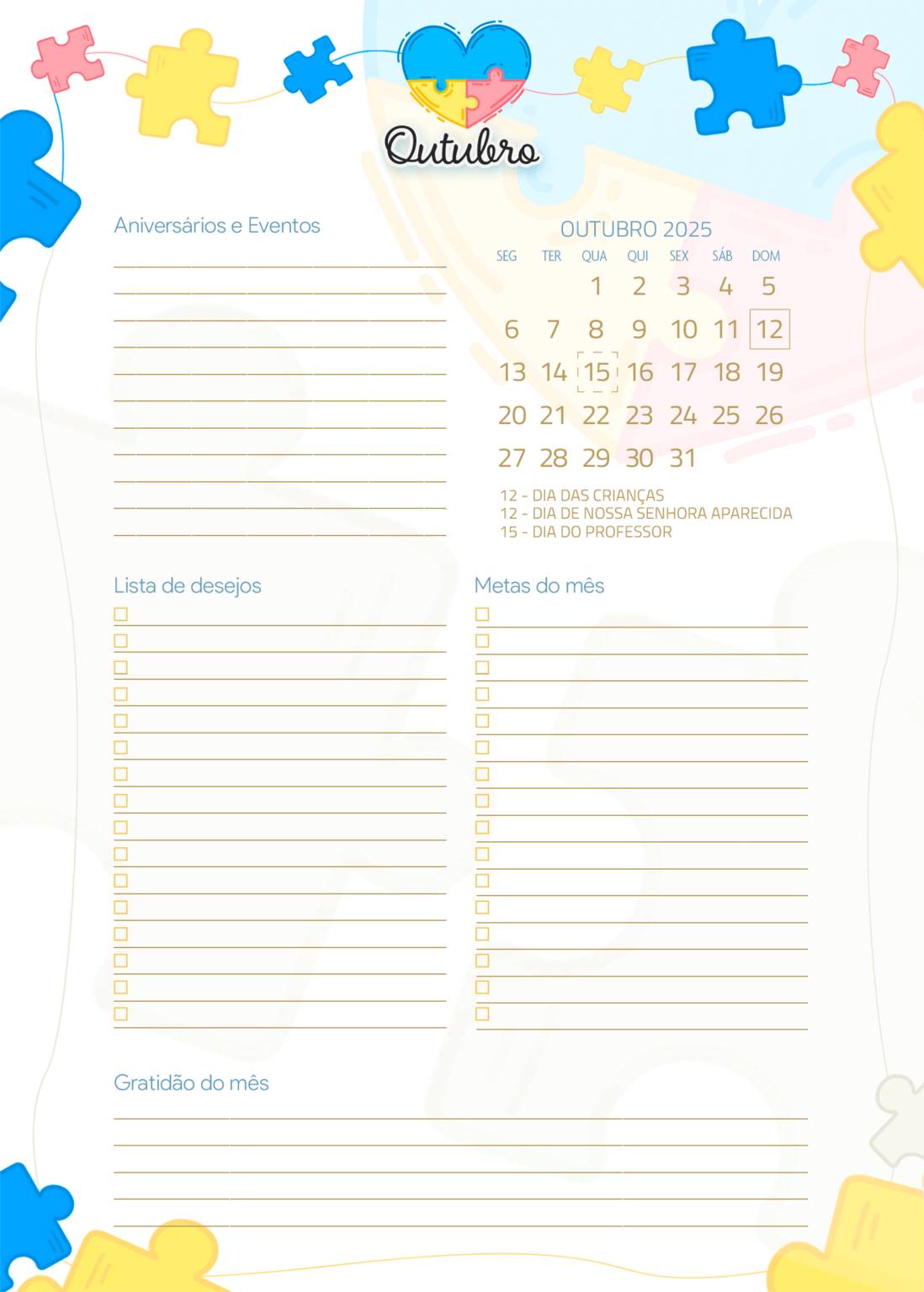 Calendario Mensal Outubro Planner Autismo - Fazendo a Nossa Festa