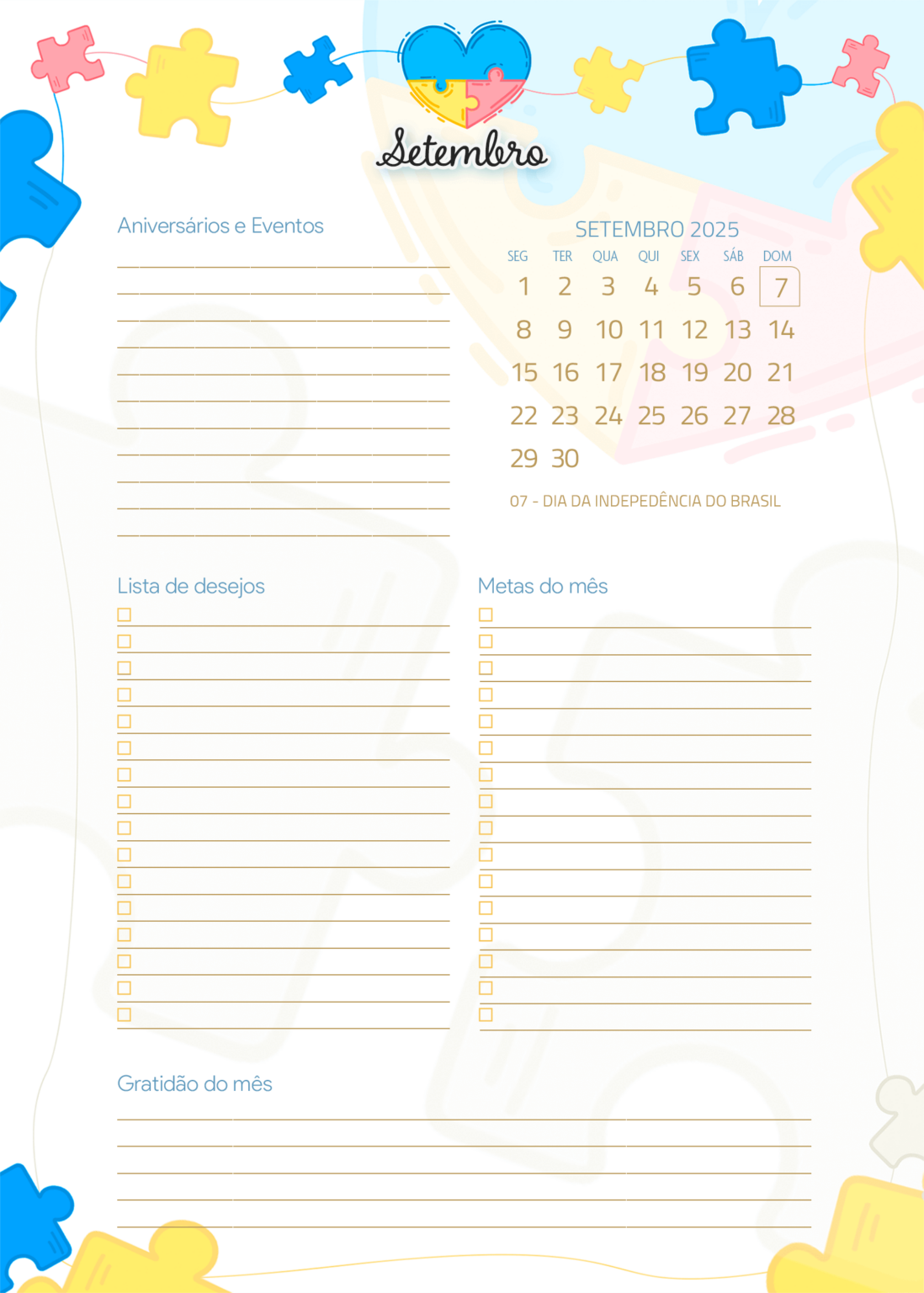 Calendario Mensal Setembro Planner Autismo - Fazendo a Nossa Festa