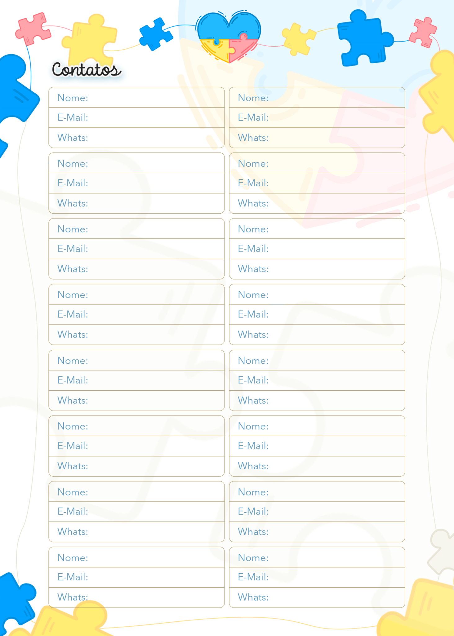 Contatos Planner Autismo - Fazendo a Nossa Festa