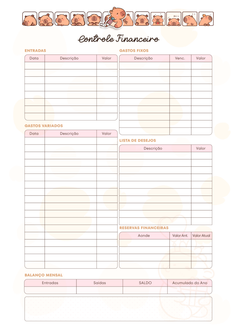 Controle Financeiro Planner Capivara - Fazendo a Nossa Festa